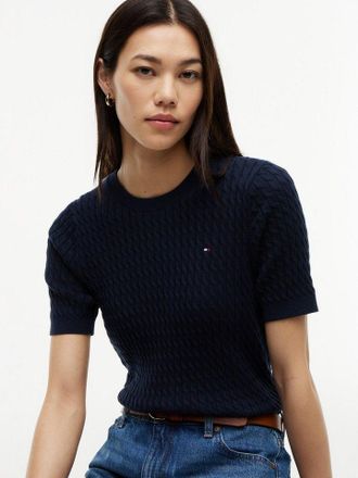 Tommy Hilfiger Kurzarmpullover CO CABLE RWB C-NK SS SWT Baumwolle, mit Zopfmuster