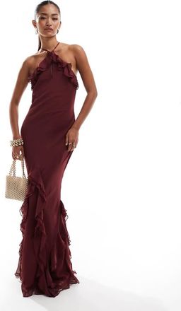 Pretty Lavish Neckholder-Maxikleid in Weinrot mit R&uuml;schen