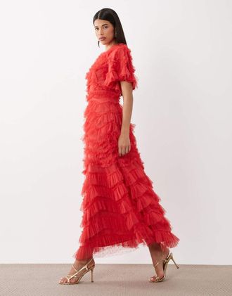 Beauut Maryisa - Robe longue &agrave; manches courtes et volants - Framboise-Rose