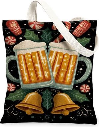 Generic Sacs fourre-tout en toile vintage de vacances, motif bi&egrave;re joyeuse et bonbons, sacs d&eacute;picerie r&eacute;utilisables, l&eacute;gers et lavables, bandouli&egrave;re C, noir, 