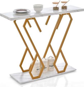 Giantex Console Meuble en Faux Marbre de 100 cm, 2 &Eacute;tag&egrave;res, Cadre en M&eacute;tal en Forme de Papillon, Coussinets de Pieds R&eacute;glables, Table Console pour Salon, Cou