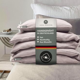 Von Herzen Musselin Bettwäsche I weiches Bettwäscheset I 100% Baumwolle I Bezug für Bettdecke + Kissen I Bettbezug mit Reißverschluss für Erwachsene I handgenäht