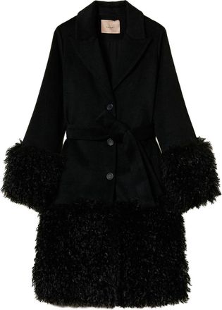 Twin-Set Mantel mit Gürtel und Faux Fur-Borte - Schwarz