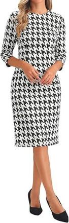 Allegra K Robe Midi Pied-de-Poule Femme Crayon &agrave; Manches 3/4 &Eacute;l&eacute;gante Col Rond Robe Fourreau Fendue Robe Moulante Chic Noir XL