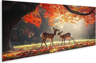 Islandburner Bild auf Leinwand Rehe im Herbstlicht unter roten Bl&auml;ttern f&uuml;r Wohnzimmer Naturliebhaber Restaurant Bilder Wandbilder Poster