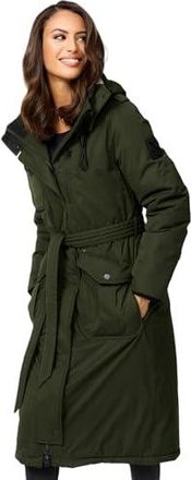 Navahoo Veste dhiver longue pour femme - Veste dhiver chaude en fourrure synth&eacute;tique - Ceinture &agrave; capuche B953, Vert olive fonc&eacute;, L