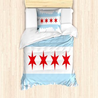 Abakuhaus Chicago Skyline Bettbezug Set f&uuml;r Einzelbetten, Geb&auml;ude Flagge, Milbensicher Allergiker geeignet mit Kissenbezug, 135 cm x 200 cm - 80 x 80 cm, Rot We