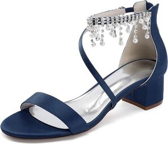 Generic Chaussures De Mariage Femme &Eacute;t&eacute; Talon Haut Sandales Satin&eacute;e Chunky Heels Bout Ouvert Mari&eacute;e Talons Bas 4.5CM,Dark Blue,42 EU