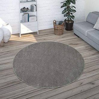 Paco Home Tapis Salon Uni Sobre Et Moderne Poils Ras, Diff. Tailles/Coloris, Dimension:120 cm Rond, Couleur:Anthracite
