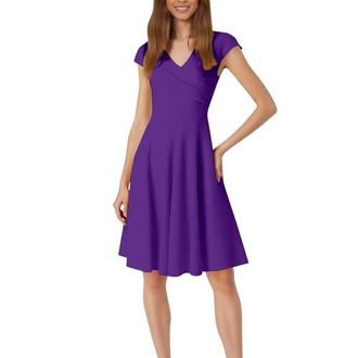 Generic Robe d&eacute;t&eacute; Femme Couleur Unie Manches Courtes Col V Combinaison D&eacute;contract&eacute;e Grande Swing Jupe Courte &Eacute;t&eacute; Jupe D&eacute;contract&eacute;e, lilas, 4XL