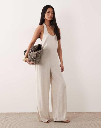 Asos Jumpsuit in Steinbeige mit weitem Bein und verdrehter R&uuml;ckseite-Neutral