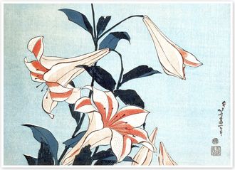 Posterlounge Trompetenlilien Poster von Katsushika Hokusai 70 x 50 cm T&uuml;rkis Wandbilder Wanddeko