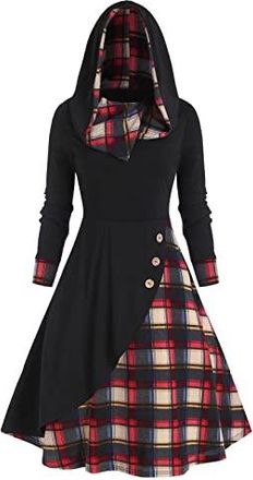Generic Robe Habill&eacute;E Femme Robe d&eacute;contract&eacute;e pour Femmes &agrave; Manches Longues avec Capuche et Motif &agrave; Carreaux Style Swing (Black, XXL)