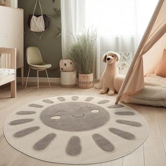Paco Home Tapis Chambre Enfant Bebe Fille Garcon Rond Moelleux Soleil 3D Moderne Pelucheux