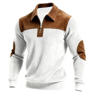 Generic Pull Homme Velours C&ocirc;tel&eacute; Grande Taille Tendance 2026 - Doubl&eacute; Polaire Thermique Patch Coude Bloc Couleur Col Montant, Sweater Chaud & Anti-Vent(White