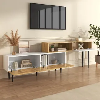 STILVORA Meuble TV Modulaire avec 3 Portes Abattantes, 1 Niche et Passe-c&acirc;bles, Style Moderne, en MDF, Blanc et Bois