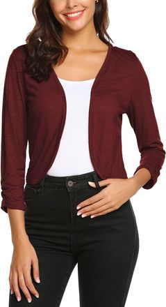 Parabler Damen Bolero Kurze 3/4 &Auml;rmel Strickjacke Schulterjacke Shrug Top Elegant Leichte Cardigan Casual Top, Small, A-rot