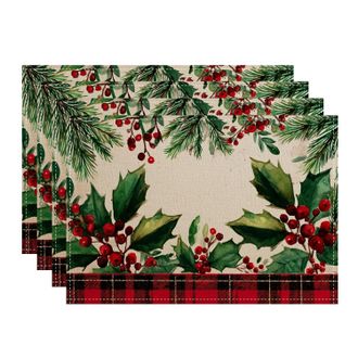 Generic Weihnachtliche Stechpalmenbeeren-Platzsets, rustikale Blumen-Tischsets für Esstisch, Winterurlaub, rutschfest, waschbar, für drinnen und draußen, Küch