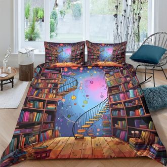 Generic Bettbezug B&uuml;cherregal Im Retro-Stil 3 Teilig Bettw&auml;sche-Set Modern Weiche Atmungsaktive Und Angenehme Gedruckte Mikrofaser Bettbez&uuml;ge Mit Rei&szlig;verschlu