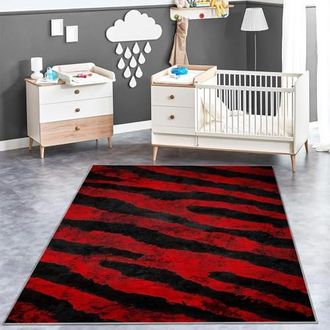 Generic Rouge et Noir Tapis Salon Garçons Filles Adolescents Tapis de Chambre 3D Imprimé Flanelle Fond à Rayures Rouges et Noires Tapis de Salon Cuisine Runne