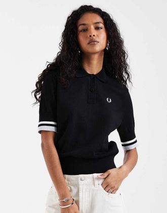 Fred Perry Strick-Polohemd in Schwarz mit auff&auml;lligen Zierstreifen