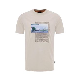 HUGO BOSS Homme, Tops, Beige, Taille: M T-shirt Homme en Coton avec Impression sur le Devant