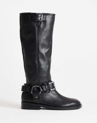 Topshop Tee kniehoher Reitstiefel aus Premium-Leder in Schwarz