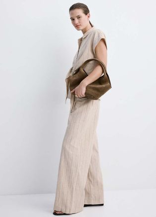 Mango Pantalon lin fines rayures marron - Femme - 32 - MANGO