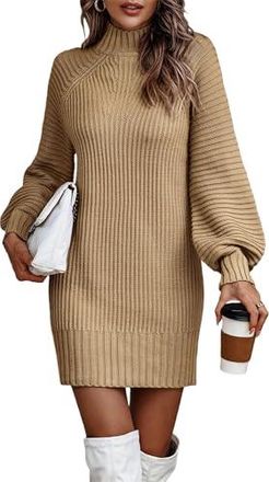 Generic Mini robe pull &agrave; col roul&eacute; et manches longues en tricot c&ocirc;tel&eacute; chaud extensible et manches chauve-souris surdimensionn&eacute;e pour lhiver, kaki, S