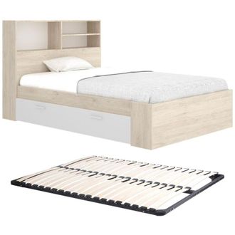 Vente-Unique Vente-unique - Lit 120 x 190 cm avec rangements - Coloris : Naturel et blanc + Sommier - vardiel