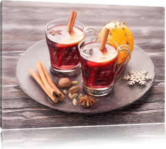 Pixxprint Aromatischer Gl&uuml;hwein mit Zimt Bunstift Effekt, Gr&ouml;&szlig;e: 100x70cm, Leinwandbild, fertig gespannt, Wandbild, Dekoration, Kunstdruck, kein Poster