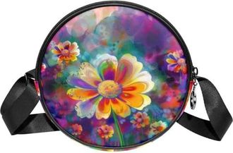 Generic Petit sac &agrave; bandouli&egrave;re rond pour femme, motif floral et marguerites avec fermeture &eacute;clair et bretelles r&eacute;glables