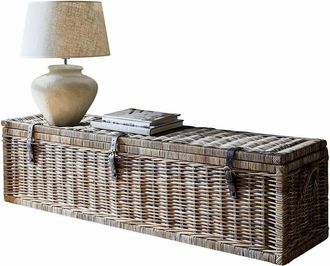 Loberon Truhe Hailee, Handgeflochten, Unterteilter Stauraum, Aufbewahrung, Ordungshelfer, Rattan, B&uuml;ffel-Veloursleder, braun