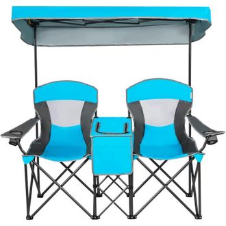 Costway Costway - 2-Sitzer Campingstuhl mit Sonnenschutz, Mini-Tisch, K&uuml;hltasche & Getr&auml;nkehalter, klappbarer Angelstuhl mit Tragetasche, Faltstuhl