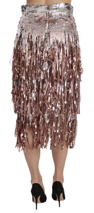 Dolce & Gabbana Womens Sequin Embellished Fringe Midi Pencil Skirt Silver Nylon