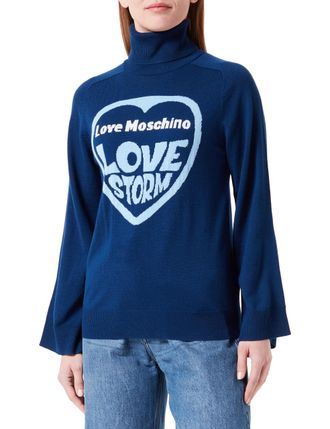 Love Moschino Long Raglan Sleeved Turtleneck Pullover in Wool Blend, 12 Gauge, with Love Storm Heart Jacquard Intarsia on The Front