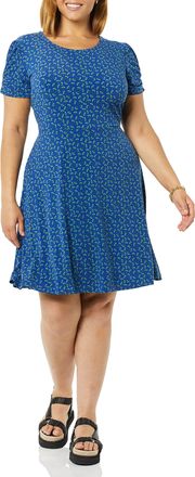 Amazon Essentials Damen Gerafftes A-Linien-Kleid mit kurzen Ärmeln und Rundhalsausschnitt (in Übergröße erhältlich), Kräftiges Blau Floral, XXL