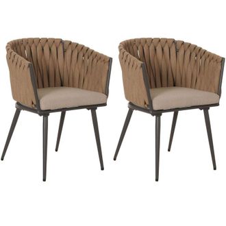 Hhg 2er-Set Aluminium-Esszimmerstuhl HHG-418, Indoor Stuhl Armlehne, Olefin Seilgeflecht Rope beige Kissen hellbraun