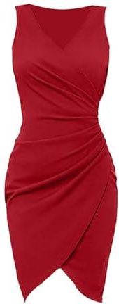 Generic Robe Sexy Femme sans Manches- Robe Portefeuille Femme Col en V Irrégulier Plissée Couleur Unie Coupe Slim Chic Et Élégants Été De Tous Les Jours Moula