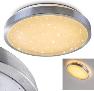 HOFSTEIN LED Deckenleuchte Sora STAR, runde Deckenlampe mit Sternenhimmel-Effekt aus Metall in Aluminium gebürstet, 12 Watt, Lichtfarbe 3000 Kelvin (warmweiß),