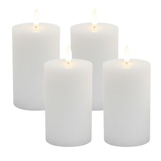 Relaxdays LED Kerzen, 4er Set, HxD: 13 x 7,5 cm, flackernde Flamme, Echtwachs, Rillen, flammenlose Blockkerzen, weiß