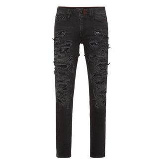 Philipp Plein Denim Slim Fit mit Metall-Mesh - - Jeans - Herren - Schwarzk - W27