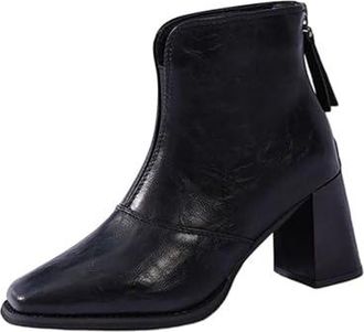Generic Bottines pour femme &agrave; bout pointu &eacute;l&eacute;gantes &agrave; talon &eacute;pais de couleur unie avec fermeture &eacute;clair dans le dos confortables pour lautomne et lhiver, Noir