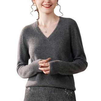 Dissa Pull Cachemire Femme Col V Uni Tricot&eacute; en Vrac Manches Longues Fin Pull en Cachemire et Laine,Gris,EU 42,MH605