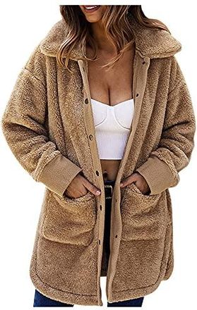 Generic Vestes pour femmes 2026 Veste chaude en polaire de couleur unie &agrave; manches longues avec boutons d&eacute;contract&eacute;s avec poche pour, kaki, S