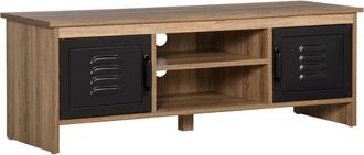 HOMCOM Meuble TV Banc TV 110 cm Design Industriel, avec 2 placards, 2 niches, 2 Passe-Fils, Aspect Bois veinage Portes m&eacute;tal Noir-Brun clair, Noir