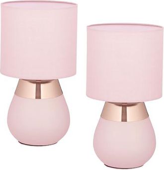 Relaxdays Tischlampe, 2er Set, Metallfu&szlig;, Stoffschirm, E14, H x D: 32 x 18 cm, Nachttischlampe mit Kabel, rosa/Kupfer