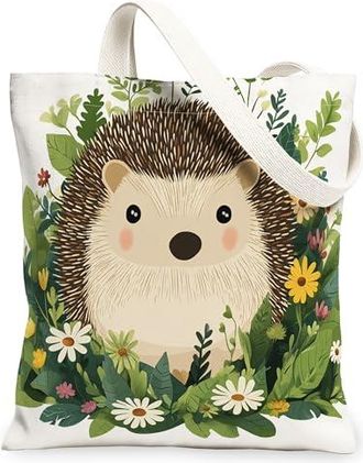 Generic Sac fourre-tout en toile motif h&eacute;risson printanier pour faire du shopping, 33 x 38,1 cm, sac d&eacute;picerie r&eacute;utilisable avec motif de plantes, fleurs, ani
