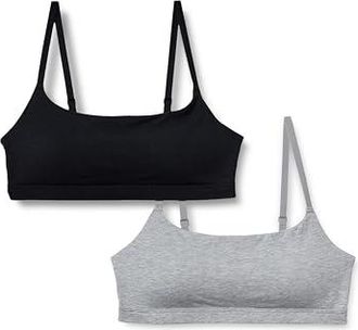 Amazon Essentials Brassière À Encolure Ronde Réglable En Jersey De Coton Femme, Lot de 2, Gris Medio Mezcla/Noir, XXS