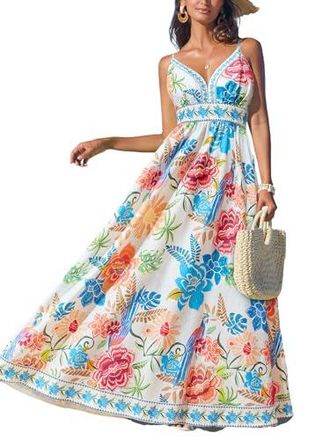 Cupshe Longue robe d&eacute;t&eacute; fluide &agrave; bretelles, sans manches, avec col en V et motif floral pour femme Style d&eacute;contract&eacute; pour plage, vacances, XL